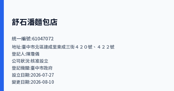 舒石潘麵包店的照片-統編 61047072(臺中市) 公司登記資料與營業項目詳細圖表