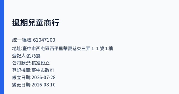 過期兒童商行的照片-統編 61047100(臺中市) 公司登記資料與營業項目詳細圖表