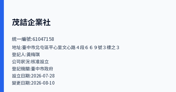 茂詰企業社的照片-統編 61047158(臺中市) 公司登記資料與營業項目詳細圖表