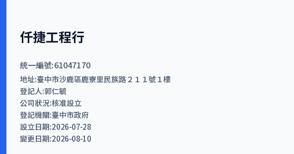 仟捷工程行的照片-統編 61047170(臺中市) 公司登記資料與營業項目詳細圖表