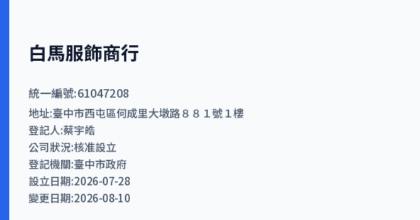 白馬服飾商行的照片-統編 61047208(臺中市) 公司登記資料與營業項目詳細圖表