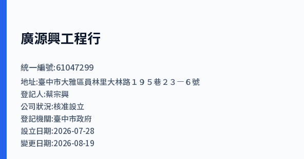 廣源興工程行的照片-統編 61047299(臺中市) 公司登記資料與營業項目詳細圖表