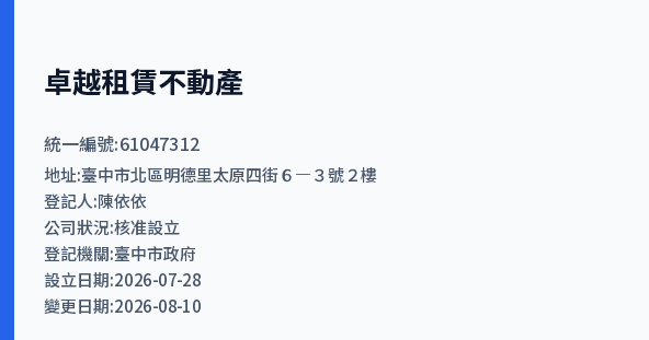 卓越租賃不動產的照片-統編 61047312(臺中市) 公司登記資料與營業項目詳細圖表