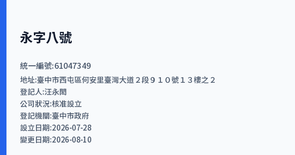 永字八號的照片-統編 61047349(臺中市) 公司登記資料與營業項目詳細圖表