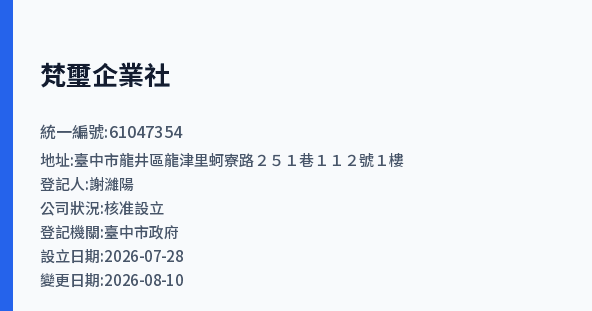 梵璽企業社的照片-統編 61047354(臺中市) 公司登記資料與營業項目詳細圖表