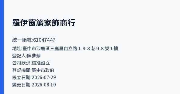 羅伊窗簾家飾商行的照片-統編 61047447(臺中市) 公司登記資料與營業項目詳細圖表