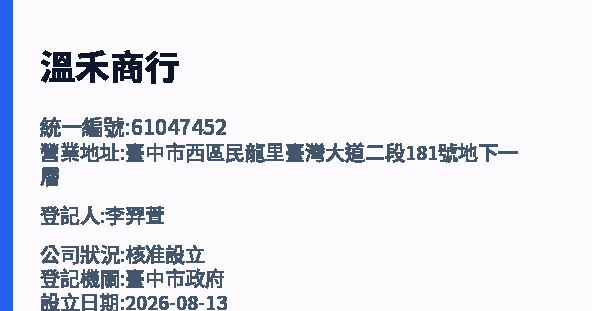 溫禾商行的照片-統編 61047452(臺中市) 公司登記資料與營業項目詳細圖表