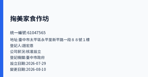 掬美家食作坊的照片-統編 61047565(臺中市) 公司登記資料與營業項目詳細圖表