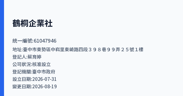 鶴桐企業社的照片-統編 61047946(臺中市) 公司登記資料與營業項目詳細圖表