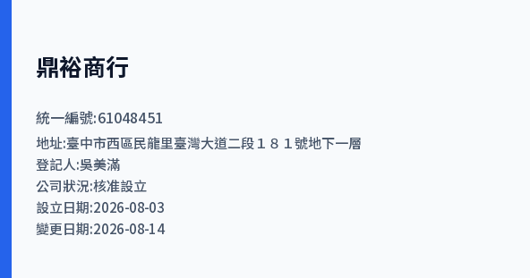 鼎裕商行的照片-統編 61048451(臺中市) 公司登記資料與營業項目詳細圖表