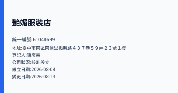 艷媚服裝店的照片-統編 61048699(臺中市) 公司登記資料與營業項目詳細圖表
