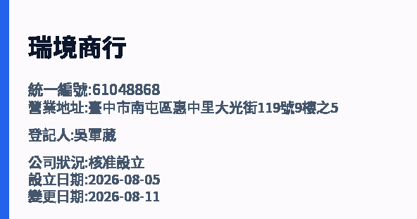 瑞境商行的照片-統編 61048868(臺中市) 公司登記資料與營業項目詳細圖表
