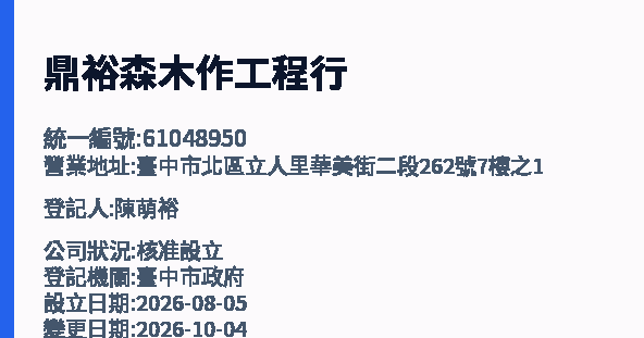 鼎裕森木作工程行的照片-統編 61048950(臺中市) 公司登記資料與營業項目詳細圖表