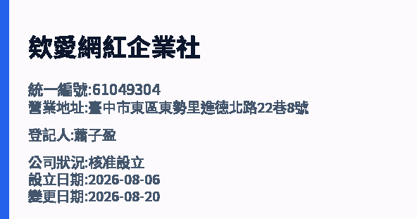 欸愛網紅企業社的照片-統編 61049304(臺中市) 公司登記資料與營業項目詳細圖表