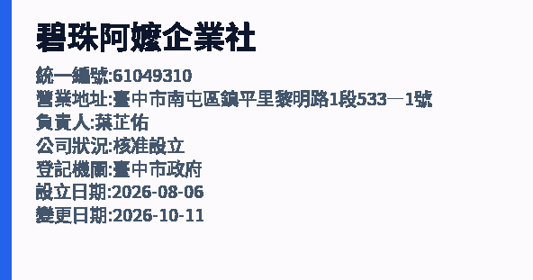 碧珠阿嬤企業社的照片-統編 61049310(臺中市) 公司登記資料與營業項目詳細圖表