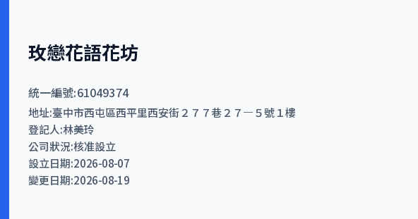 玫戀花語花坊的照片-統編 61049374(臺中市) 公司登記資料與營業項目詳細圖表