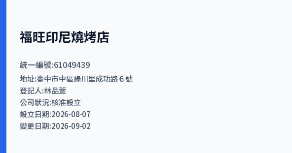 福旺印尼燒烤店的照片-統編 61049439(臺中市) 公司登記資料與營業項目詳細圖表
