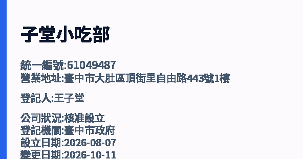 子堂小吃部的照片-統編 61049487(臺中市) 公司登記資料與營業項目詳細圖表