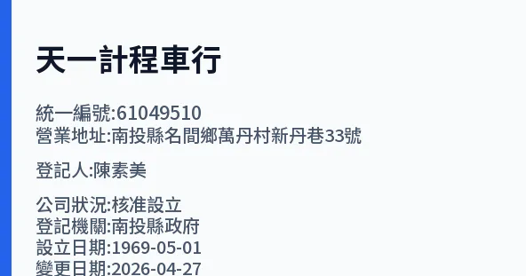 天一計程車行的照片-統編 61049510(南投縣) 公司登記資料與營業項目詳細圖表