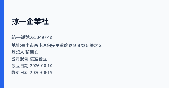 掠一企業社的照片-統編 61049748(臺中市) 公司登記資料與營業項目詳細圖表