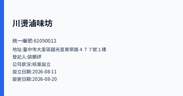 川燙滷味坊的照片-統編 61050012(臺中市) 公司登記資料與營業項目詳細圖表
