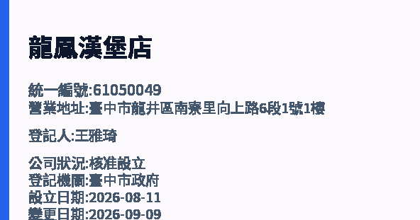 龍鳳漢堡店的照片-統編 61050049(臺中市) 公司登記資料與營業項目詳細圖表