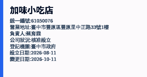 加味小吃店的照片-統編 61050076(臺中市) 公司登記資料與營業項目詳細圖表