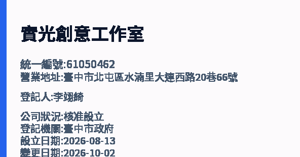 實光創意工作室的照片-統編 61050462(臺中市) 公司登記資料與營業項目詳細圖表