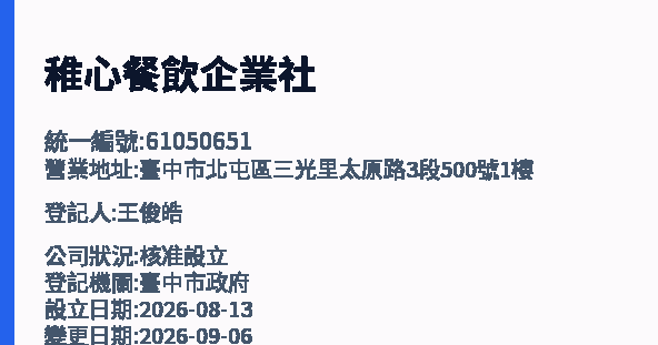 稚心餐飲企業社的照片-統編 61050651(臺中市) 公司登記資料與營業項目詳細圖表