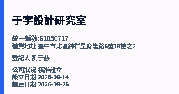 于宇設計研究室的照片-統編 61050717(臺中市) 公司登記資料與營業項目詳細圖表