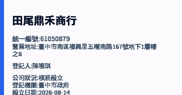 田尾鼎禾商行的照片-統編 61050879(臺中市) 公司登記資料與營業項目詳細圖表