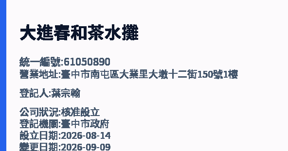 大進春和茶水攤的照片-統編 61050890(臺中市) 公司登記資料與營業項目詳細圖表