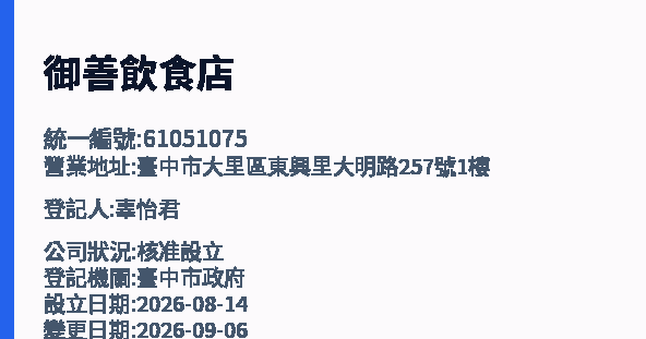 御善飲食店的照片-統編 61051075(臺中市) 公司登記資料與營業項目詳細圖表