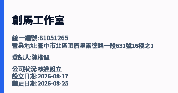 創馬工作室的照片-統編 61051265(臺中市) 公司登記資料與營業項目詳細圖表
