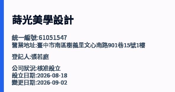 蒔光美學設計的照片-統編 61051547(臺中市) 公司登記資料與營業項目詳細圖表
