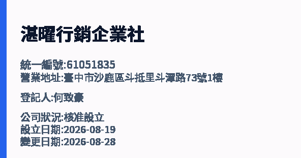 湛曜行銷企業社的照片-統編 61051835(臺中市) 公司登記資料與營業項目詳細圖表