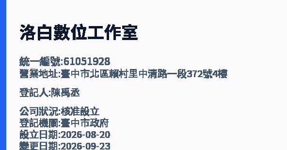 洛白數位工作室的照片-統編 61051928(臺中市) 公司登記資料與營業項目詳細圖表