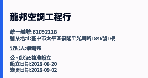 龍邦空調工程行的照片-統編 61052118(臺中市) 公司登記資料與營業項目詳細圖表