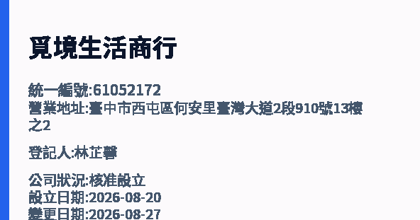 覓境生活商行的照片-統編 61052172(臺中市) 公司登記資料與營業項目詳細圖表