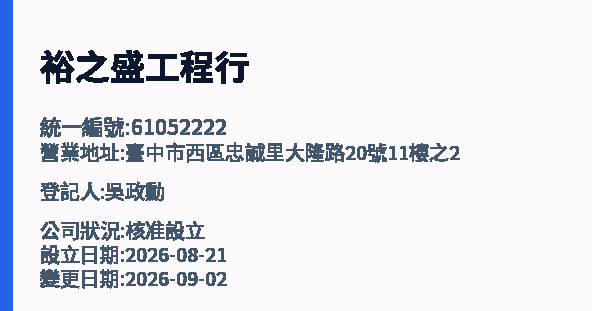 裕之盛工程行的照片-統編 61052222(臺中市) 公司登記資料與營業項目詳細圖表