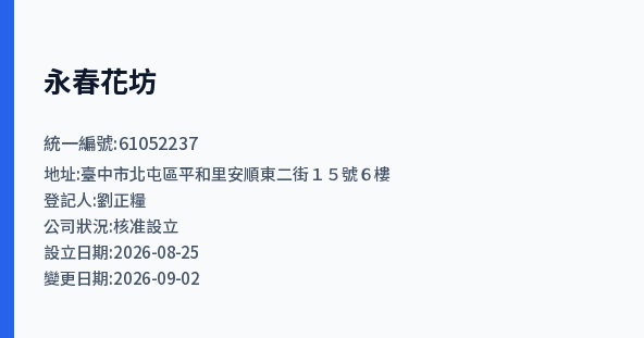 永春花坊的照片-統編 61052237(臺中市) 公司登記資料與營業項目詳細圖表