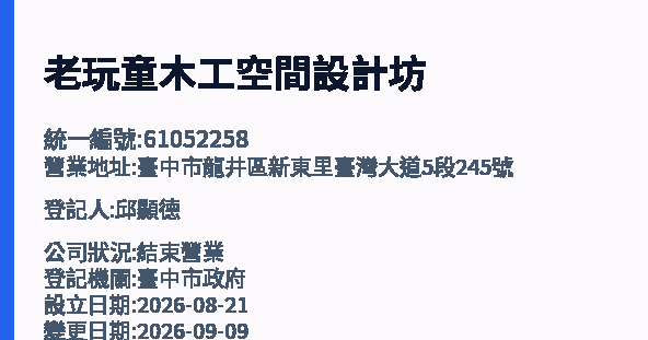 老玩童木工空間設計坊的照片-統編 61052258(臺中市) 公司登記資料與營業項目詳細圖表