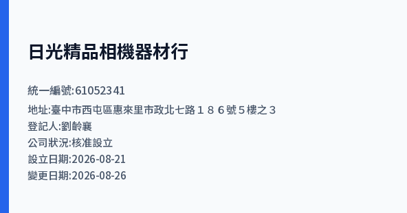 日光精品相機器材行的照片-統編 61052341(臺中市) 公司登記資料與營業項目詳細圖表