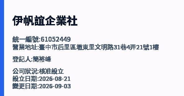 伊帆誼企業社的照片-統編 61052449(臺中市) 公司登記資料與營業項目詳細圖表