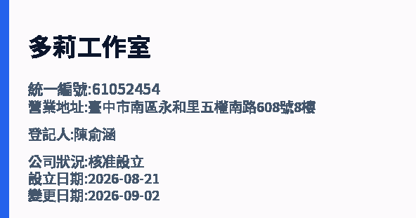 多莉工作室的照片-統編 61052454(臺中市) 公司登記資料與營業項目詳細圖表