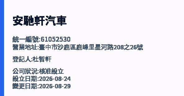 安馳軒汽車的照片-統編 61052530(臺中市) 公司登記資料與營業項目詳細圖表