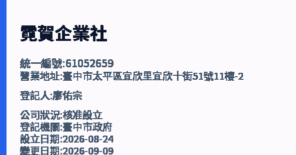 霓賀企業社的照片-統編 61052659(臺中市) 公司登記資料與營業項目詳細圖表