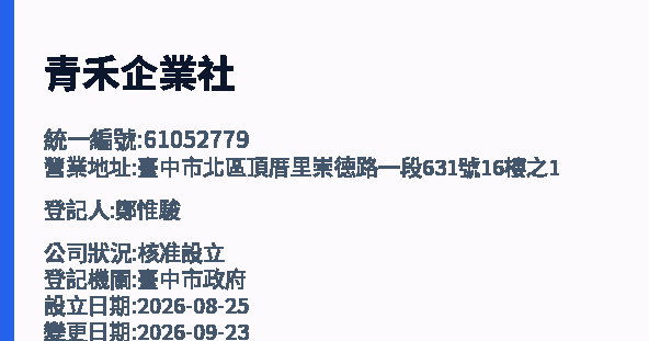 青禾企業社的照片-統編 61052779(臺中市) 公司登記資料與營業項目詳細圖表