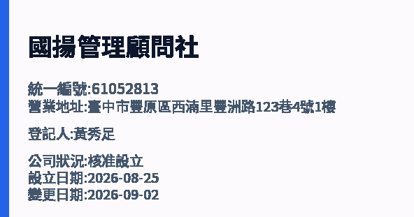 國揚管理顧問社的照片-統編 61052813(臺中市) 公司登記資料與營業項目詳細圖表