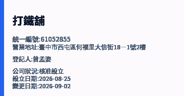 打鐵舖的照片-統編 61052855(臺中市) 公司登記資料與營業項目詳細圖表
